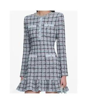 SELF-PORTRAIT Check Knit Mini Dress With Rhinestone Embellishments - Gray