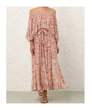 Zimmermann Off-shoulder Ruffled Maxi Dress With Graphic Print
