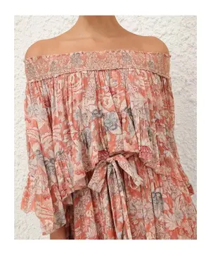 Zimmermann Off-shoulder Ruffled Maxi Dress With Graphic Print