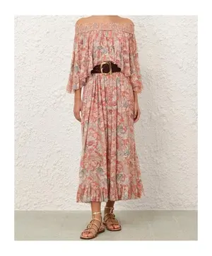 Zimmermann Off-shoulder Ruffled Maxi Dress With Graphic Print