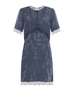 Zadig&Voltaire Paisley Pattern V-neck Short Sleeve Lace Trim Dress - Blue
