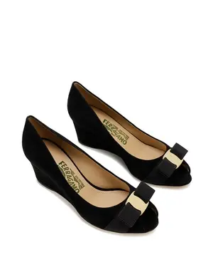 FERRAGAMO Suede Bow Wedge Heels