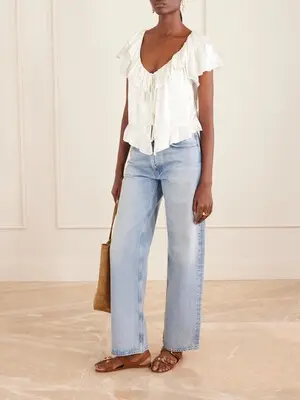 DÔEN Ruffled Satin-jacquard Blouse - White