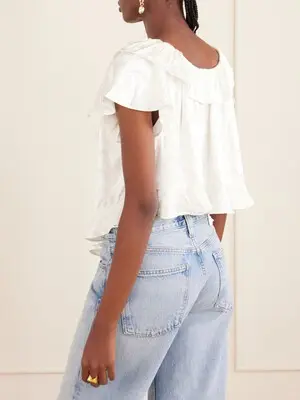 DÔEN Ruffled Satin-jacquard Blouse - White