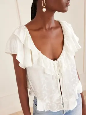 DÔEN Ruffled Satin-jacquard Blouse - White