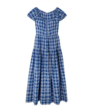 DÔEN Checked Organic Cotton Midi Dress With Puff Sleeves And Tiered Silhouette