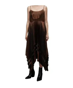 ALLSAINTS Metallic Foil Pleated Midi Dress