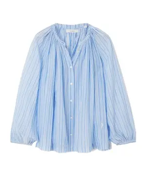 DÔEN Striped Organic Cotton-voile Blouse With Voluminous Sleeves - Blue