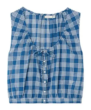 DÔEN Theo Cropped Checked Organic Cotton Top - Blue