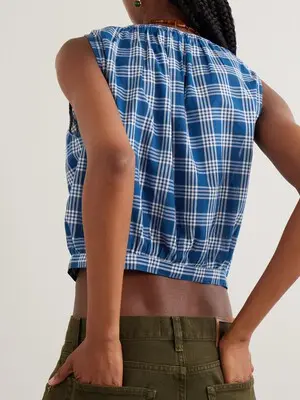 DÔEN Theo Cropped Checked Organic Cotton Top - Blue