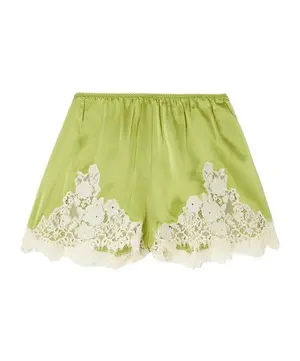 DÔEN Paneled Silk-satin Shorts With Lace Trim - Green