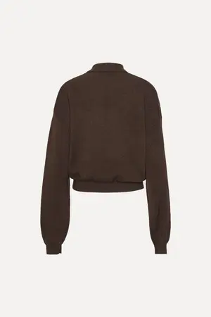 ROTATE BY BIRGER CHRISTENSEN Long Sleeve Cropped Knit Polo Shirt - Dark Brown