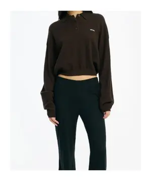 ROTATE BY BIRGER CHRISTENSEN Long Sleeve Cropped Knit Polo Shirt - Dark Brown