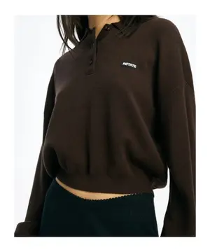 ROTATE BY BIRGER CHRISTENSEN Long Sleeve Cropped Knit Polo Shirt - Dark Brown