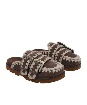 Mou Stitch Detail Buckle Mules - Black