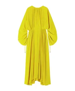 LANVIN Gathered Crewneck Midi Dress With Ruched Sleeves