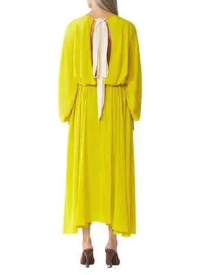 LANVIN Gathered Crewneck Midi Dress With Ruched Sleeves - Yellow