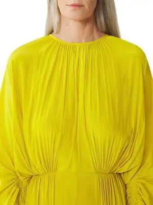 LANVIN Gathered Crewneck Midi Dress With Ruched Sleeves - Yellow