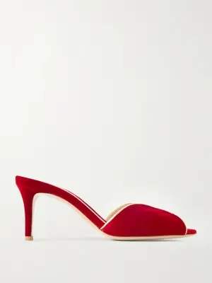 GIANVITO ROSSI Velvet Mules With Gold Leather Trim - Red