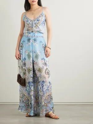 Camilla Al Manial Palace Embellished Printed Silk-crepon Wide Leg Pants - Blue