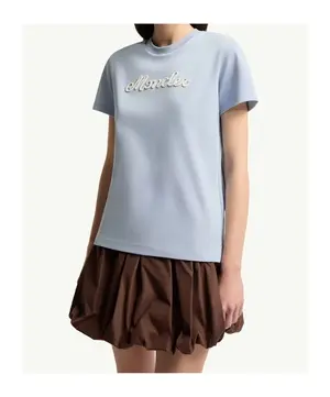 Moncler Logo Embroidery Cotton T-shirt - Light Blue