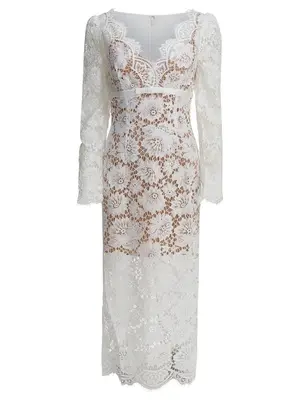SELF-PORTRAIT Floral Lace Midi Dress With Bow Detail - White