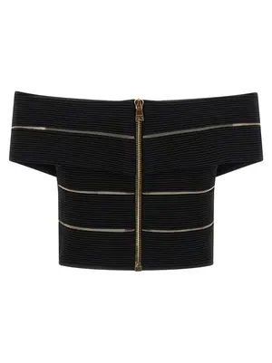 Balmain Off-the-shoulder Cropped Top With Mesh Inserts - Black