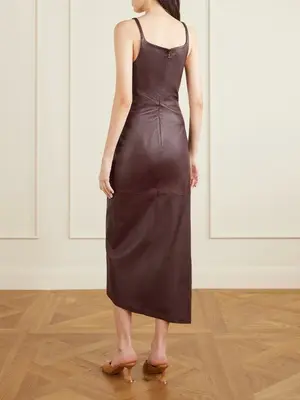 Rabanne Asymmetrical Ruched Leather Midi Dress - Brown
