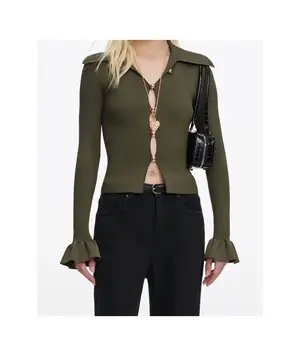 SELF-PORTRAIT Ruffled Cuff Cardigan - Khaki