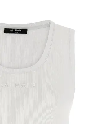 Balmain Logo Embroidered Ribbed Tank Top - White