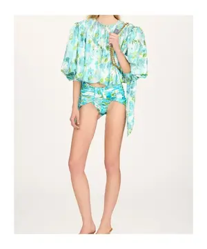 Chloé Smocked Floral Tie-sleeve Top - Blue