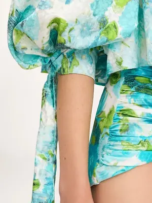 Chloé Smocked Floral Tie-sleeve Top - Blue