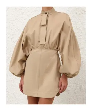 Zimmermann Rebellion Drawn Mini Dress With High Neck And Drawstring Sleeves