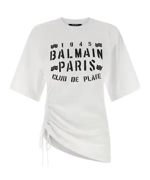 Balmain Club Print T-shirt With Drawstring Detail - White