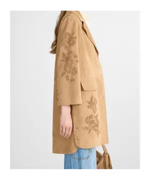 Ermanno Scervino Suede Coat With Floral Embroidery - Nude