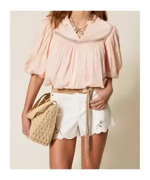 TWINSET Crinkled Lace Trim Puff Sleeve Blouse - Nude