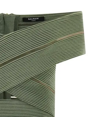 Balmain Off-the-shoulder Cropped Top With Mesh Inserts - Green