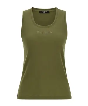 Balmain Ribbed Tank Top With Embroidered Logo - Green