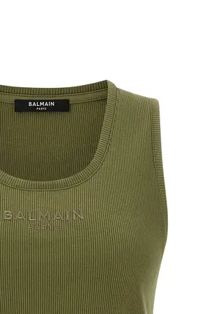 Balmain Ribbed Tank Top With Embroidered Logo - Green