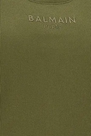 Balmain Ribbed Tank Top With Embroidered Logo - Green