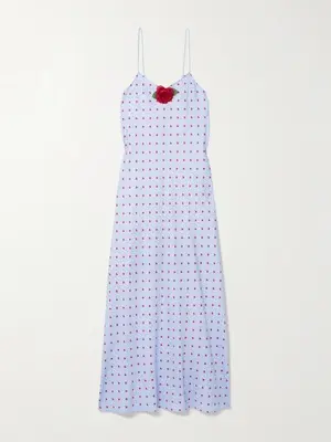 RODARTE Printed Silk-twill Midi Dress With Rosette Appliqu - Blue