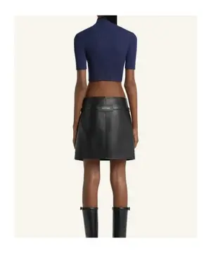 COURREGES Ribbed Knit Mock Neck Cropped Top With Logo Detail - Blue