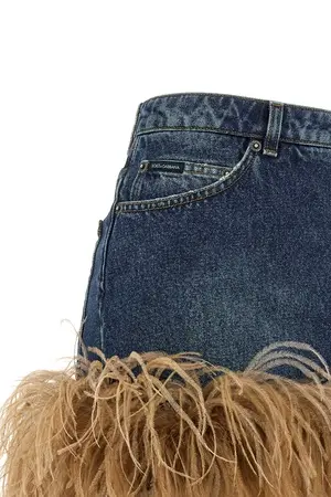 Dolce & Gabbana Feather Trim Denim Skirt
