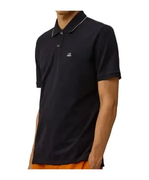 C.P. COMPANY Stretch Piquet Short Sleeve Striped Collar Polo Shirt - Blue