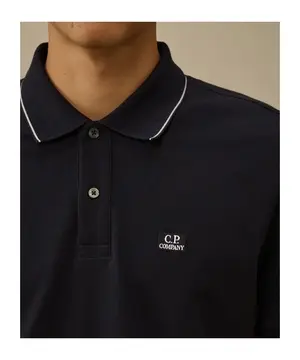 C.P. COMPANY Stretch Piquet Short Sleeve Striped Collar Polo Shirt - Blue