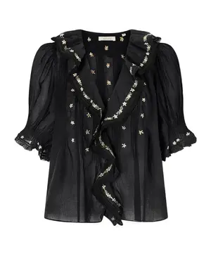 DÔEN Hettie Floral Embroidered Ruffled Blouse - Black