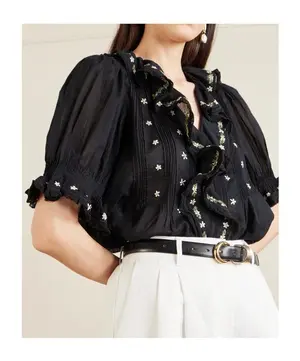 DÔEN Hettie Floral Embroidered Ruffled Blouse - Black