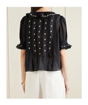 DÔEN Hettie Floral Embroidered Ruffled Blouse - Black