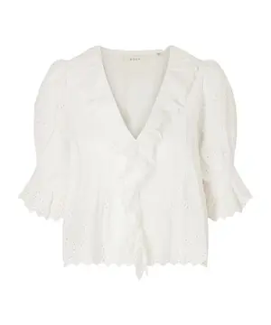 DÔEN Ruffled Pintucked Broderie Anglaise Cotton Top - White
