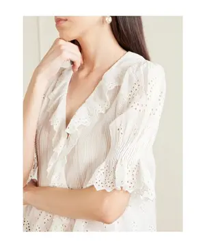 DÔEN Ruffled Pintucked Broderie Anglaise Cotton Top - White